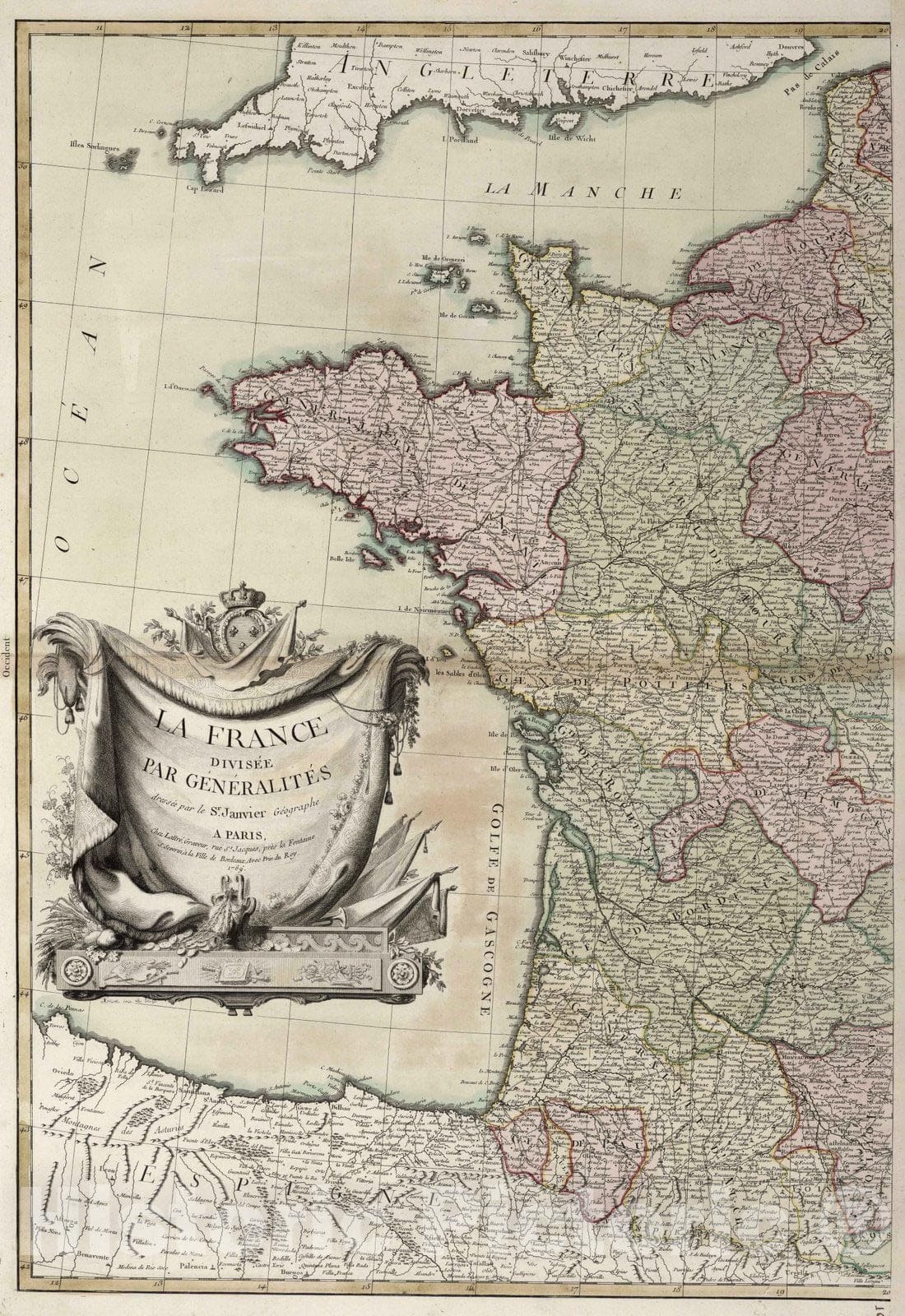 Historic Map : France, , Europe 1769 La France : divisee Par Generalit ...