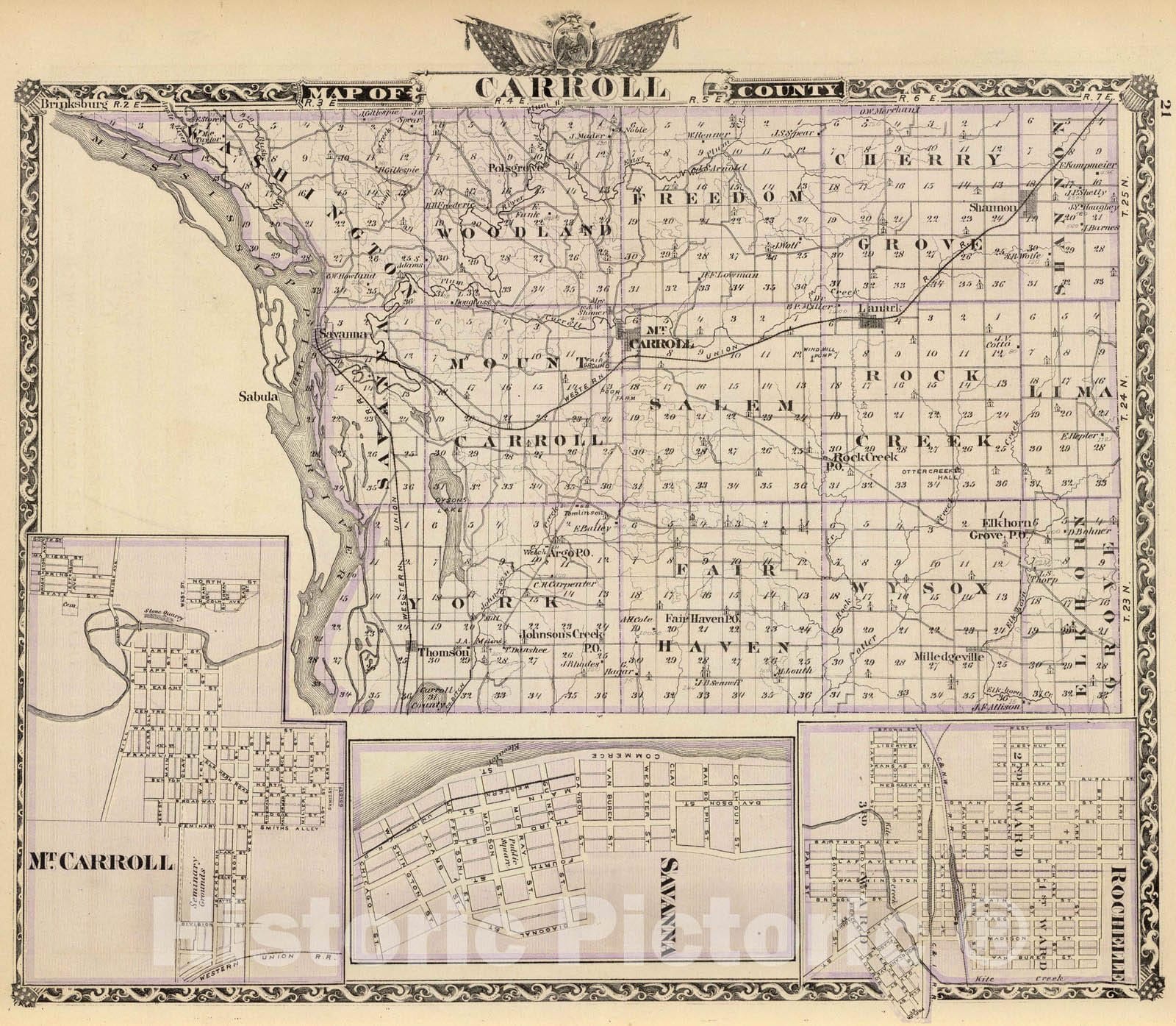 Historic Map : 1876 Map of Carroll County, Mt. Carroll, Savanna and Ro ...