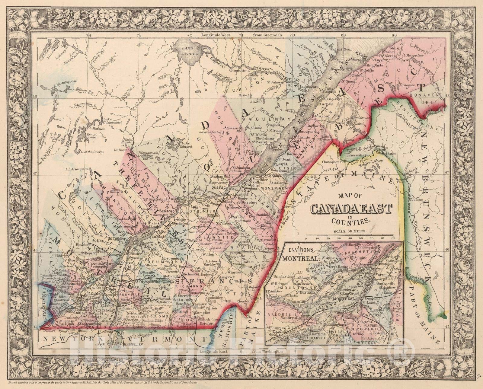 Historic Map : 1865 Map of Canada East in Counties - Vintage Wall Art ...