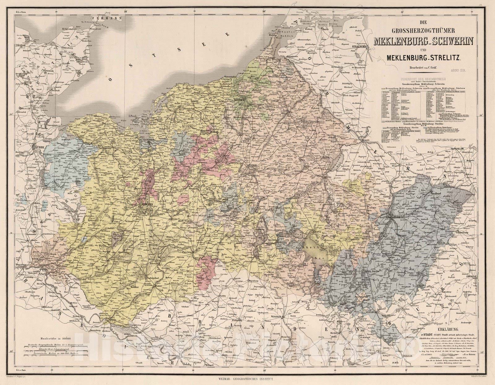Historic Map : 1879 Grand Duke Thuemer Meklenburg-Schwerin and Strelit ...