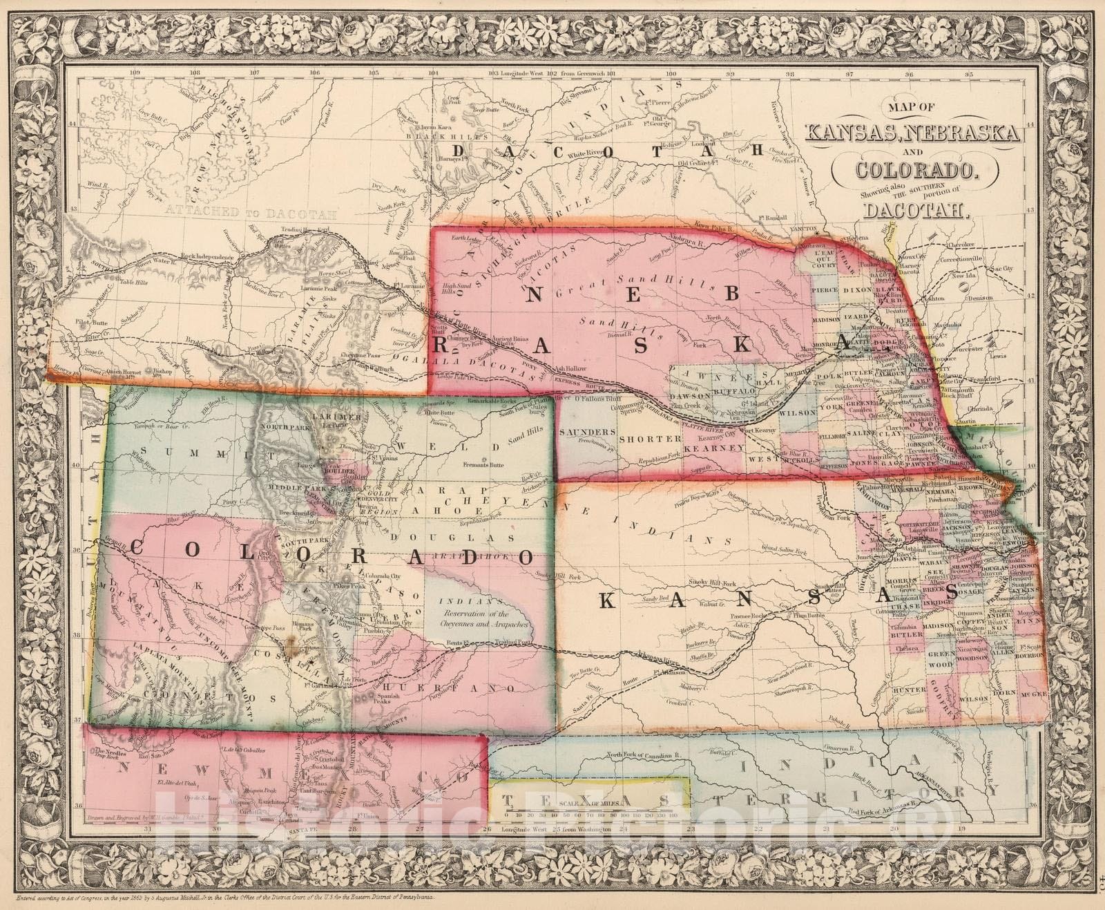 Historic Map : 1865 Map of Kansas, Nebraska, Colorado, Dakota - Vintag ...