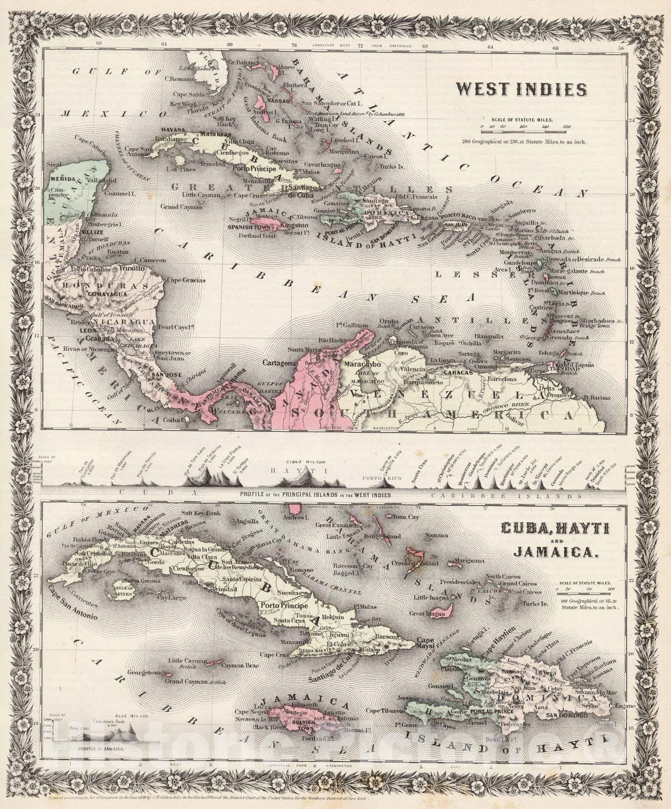 Historic Map : 1858 West Indies, Cuba, Hayti, and Jamaica. - Vintage W ...