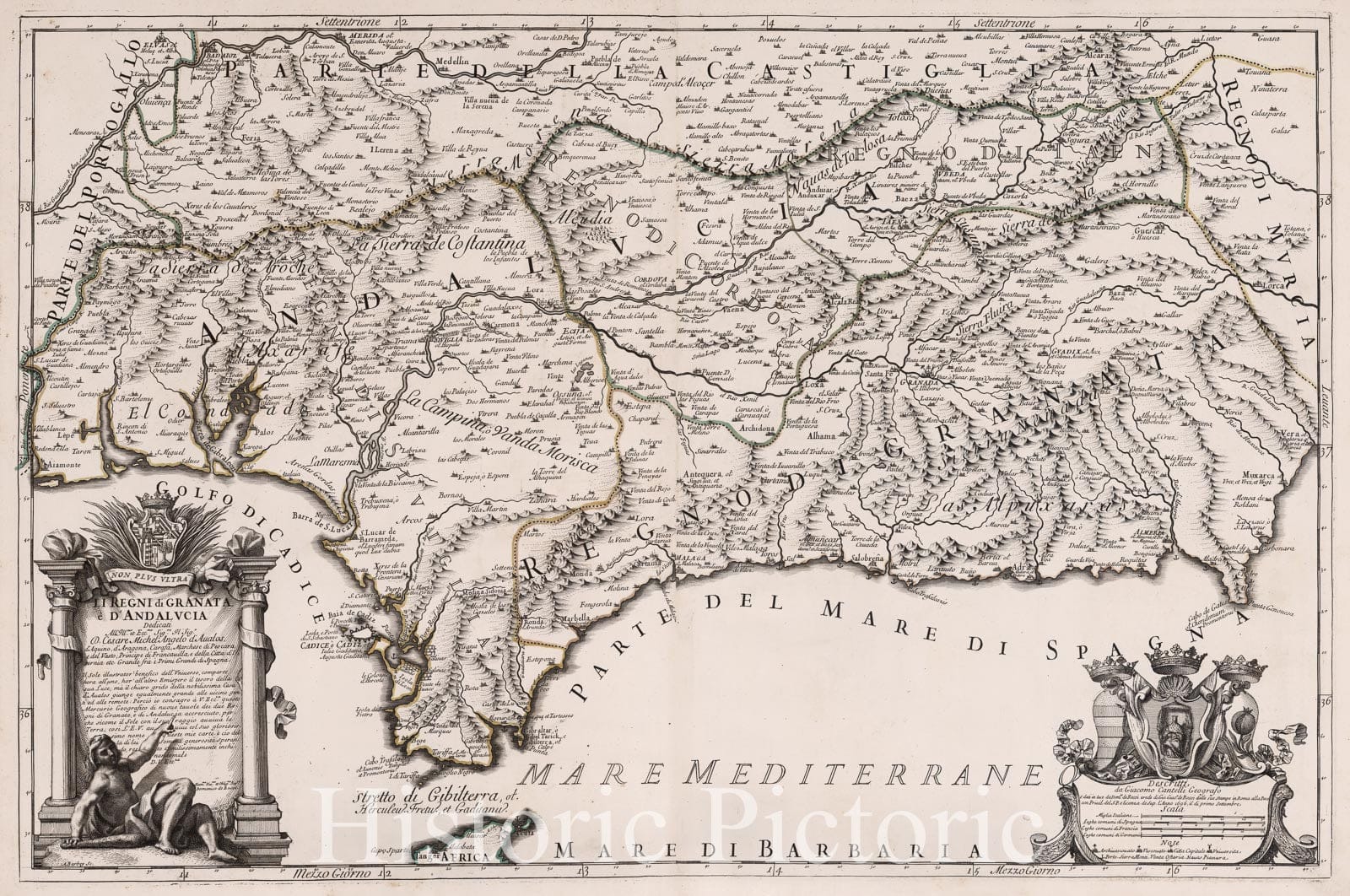 Historic Wall Map : Spain, , Europe 1696 Li Regni di Granata e d'Andal ...