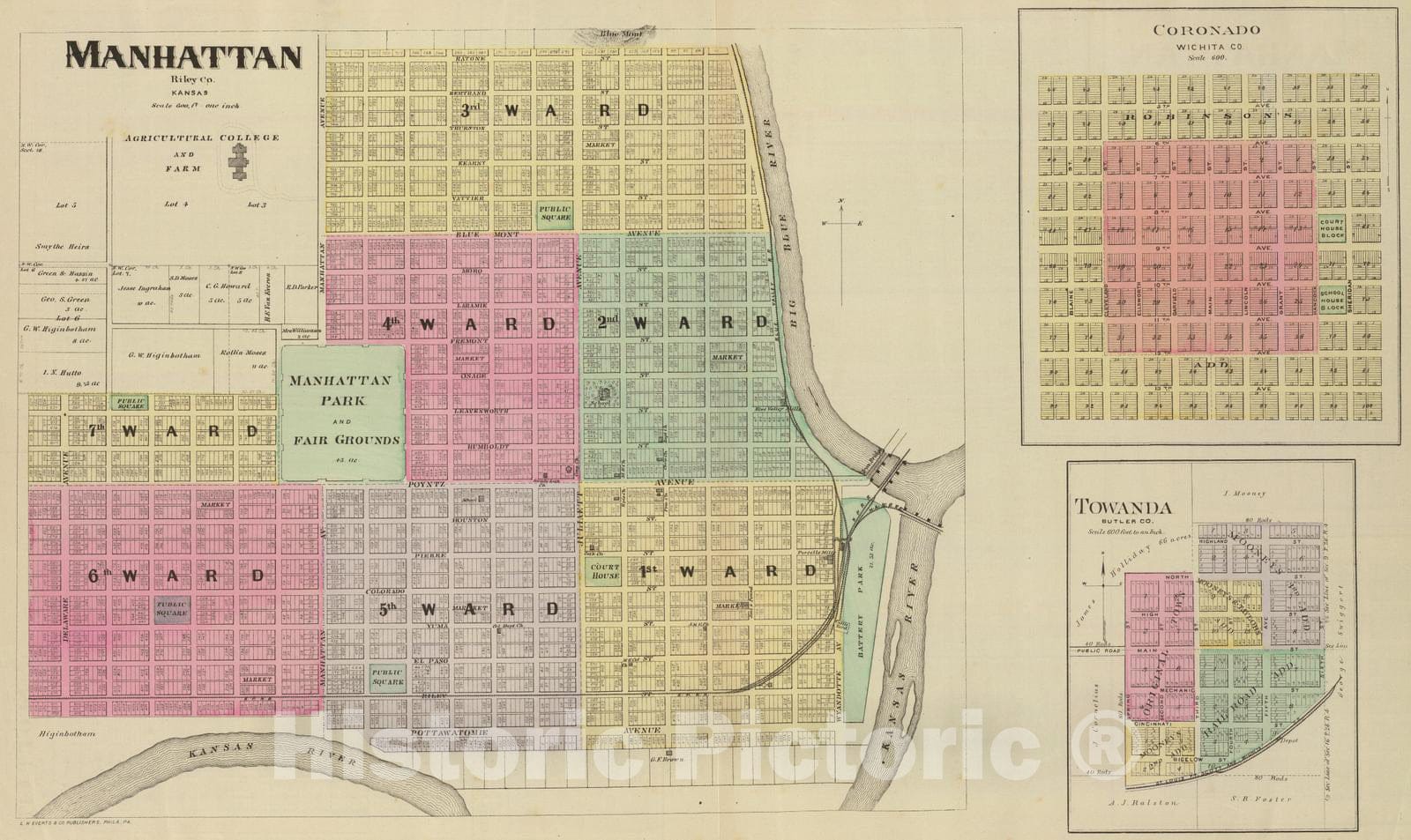 Historic Map : 1887 Manhattan, Coronado, Towanda, Kansas. - Vintage Wa ...