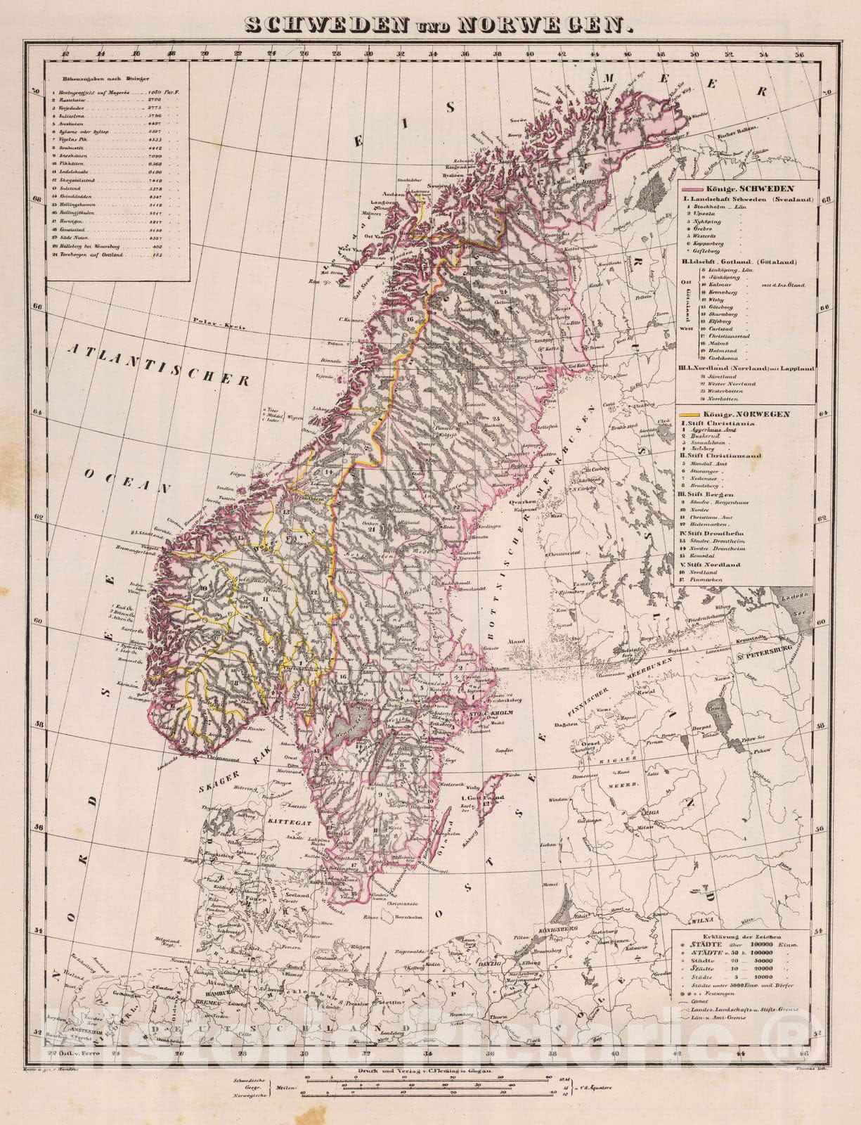 Historic Wall Map : Norway; Sweden, 1855 Schweden, Norwegen. , Vintage ...