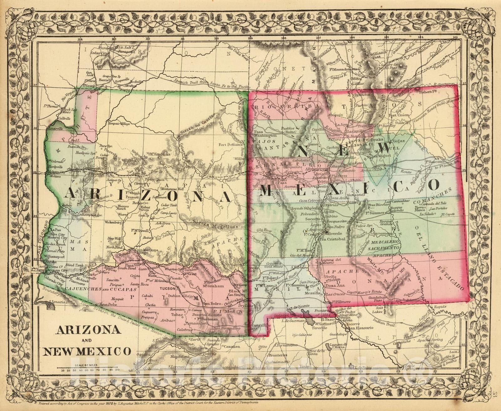 Arizona New Mexico Road Map 1870 Historical Print | Historic Pictoric