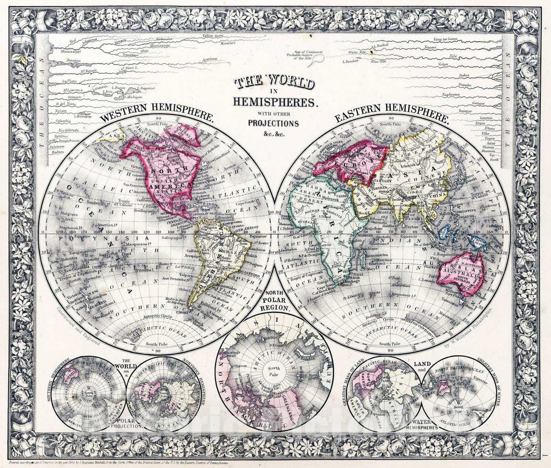 Historic Map : 1865 The World in Hemispheres. With others Projections ...