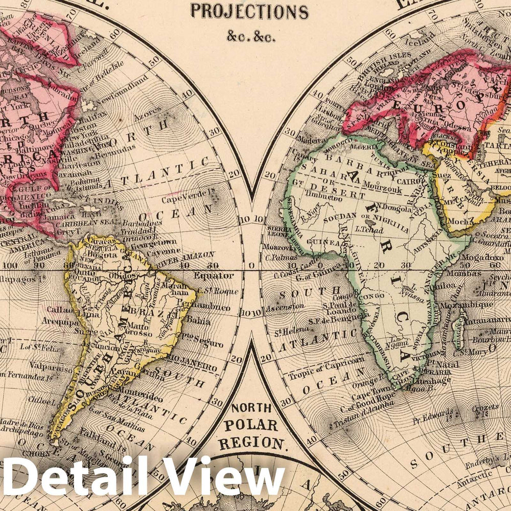 Historic Map : 1865 The World in Hemispheres. With others Projections ...