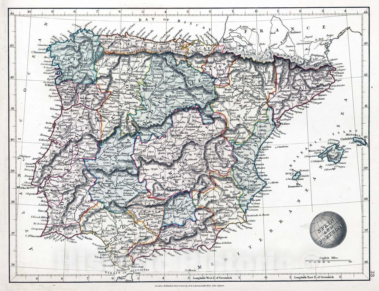 Historic Wall Map : 1825 Spain and Portugal - Vintage Wall Art ...