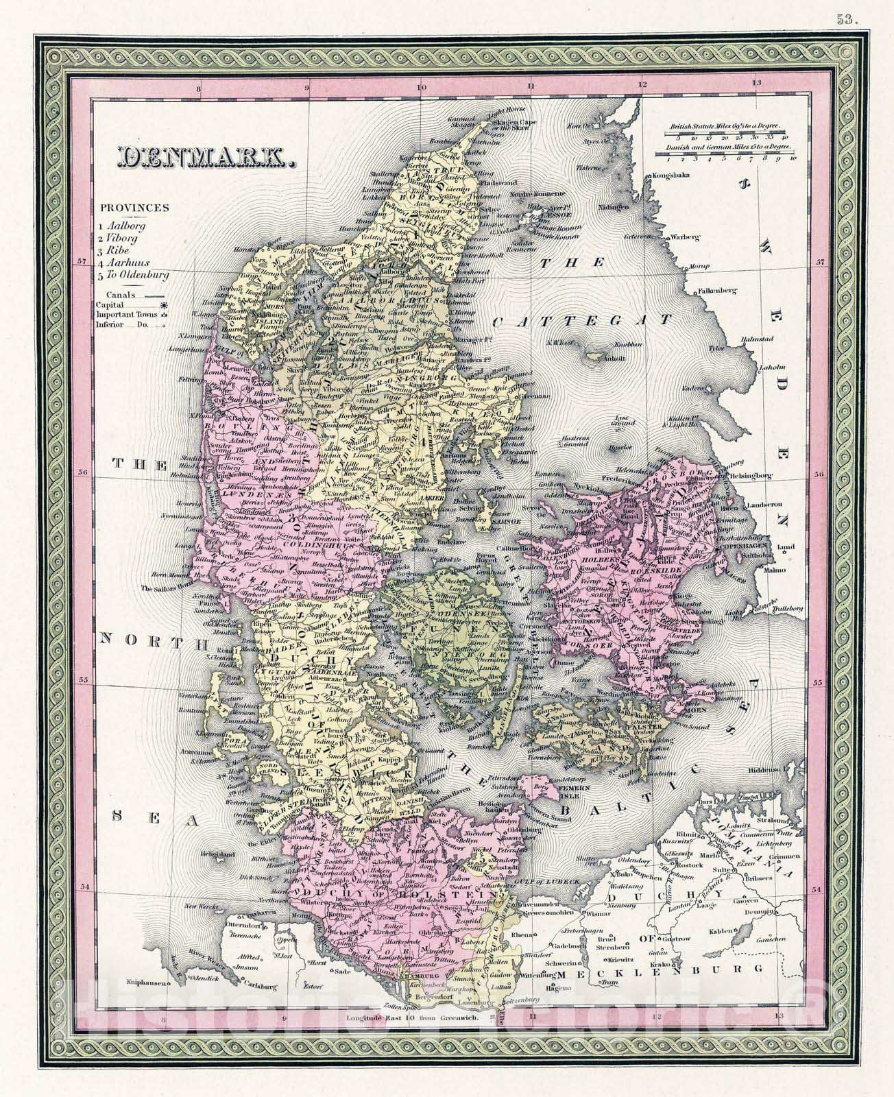 Historic Map : 1849 Denmark - Vintage Wall Art - Historic Pictoric