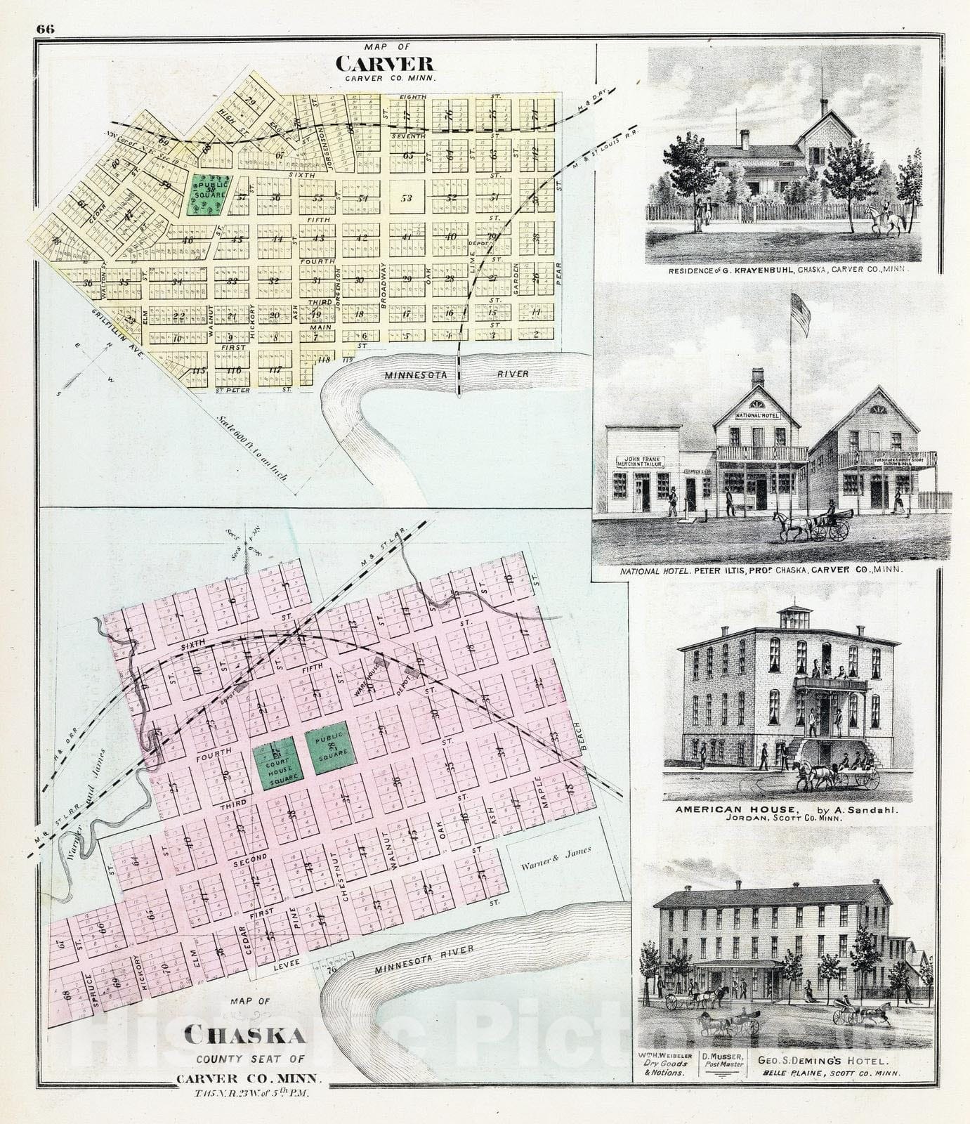 Historic Map : 1874 Map of Chaska and Map of Carver, Carver Co, Minn ...