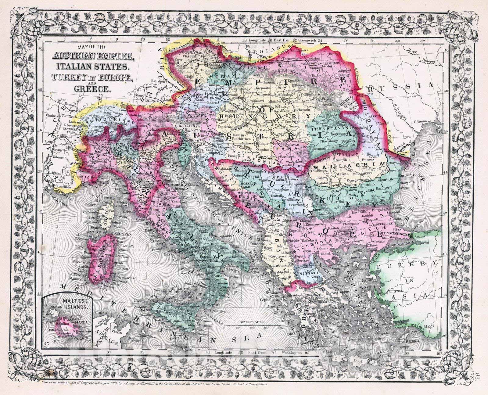 Historic Map : 1870 Austrian Empire, Italy, Turkey in Europe, Greece ...