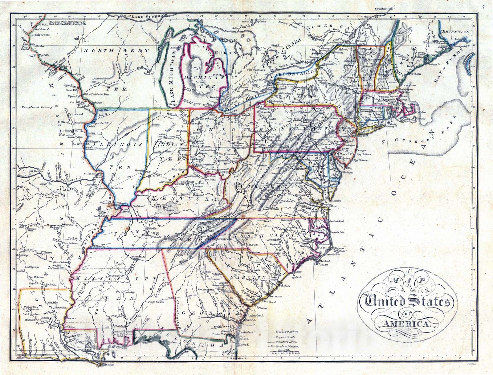 Historic Wall Map : 1814 Map of the United States of America. - Vintag ...