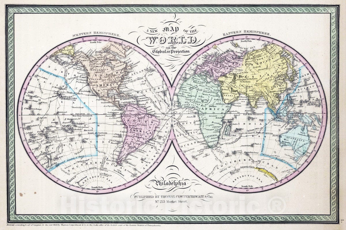 Historic Map : 1853 New Map Of The World on the Globular Projection ...