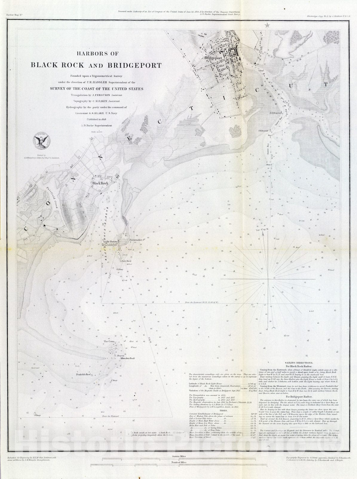 Historic Wall Map : Chart Atlas - 1848 Black Rock, Bridgeport. - Vinta ...