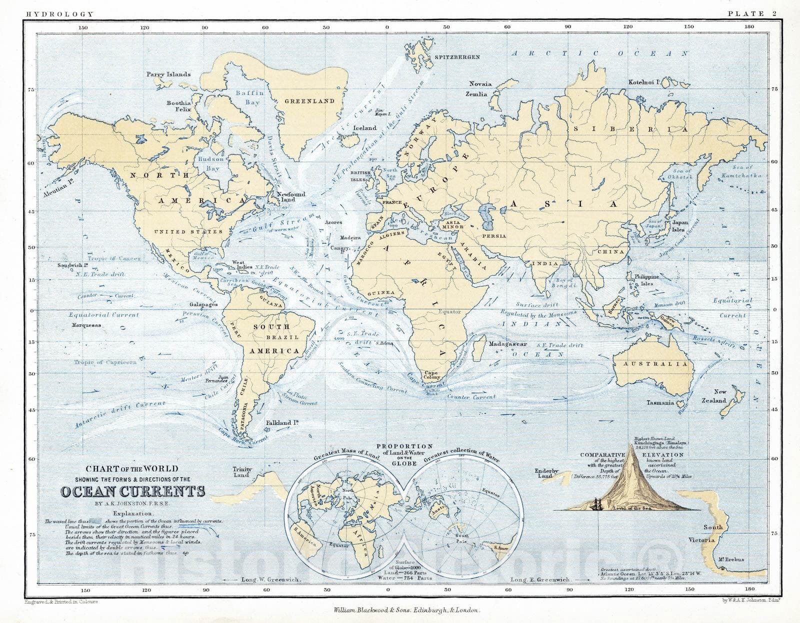 Historic Map - Physical Atlas - 1852 Chart of the World Showing the Fo ...