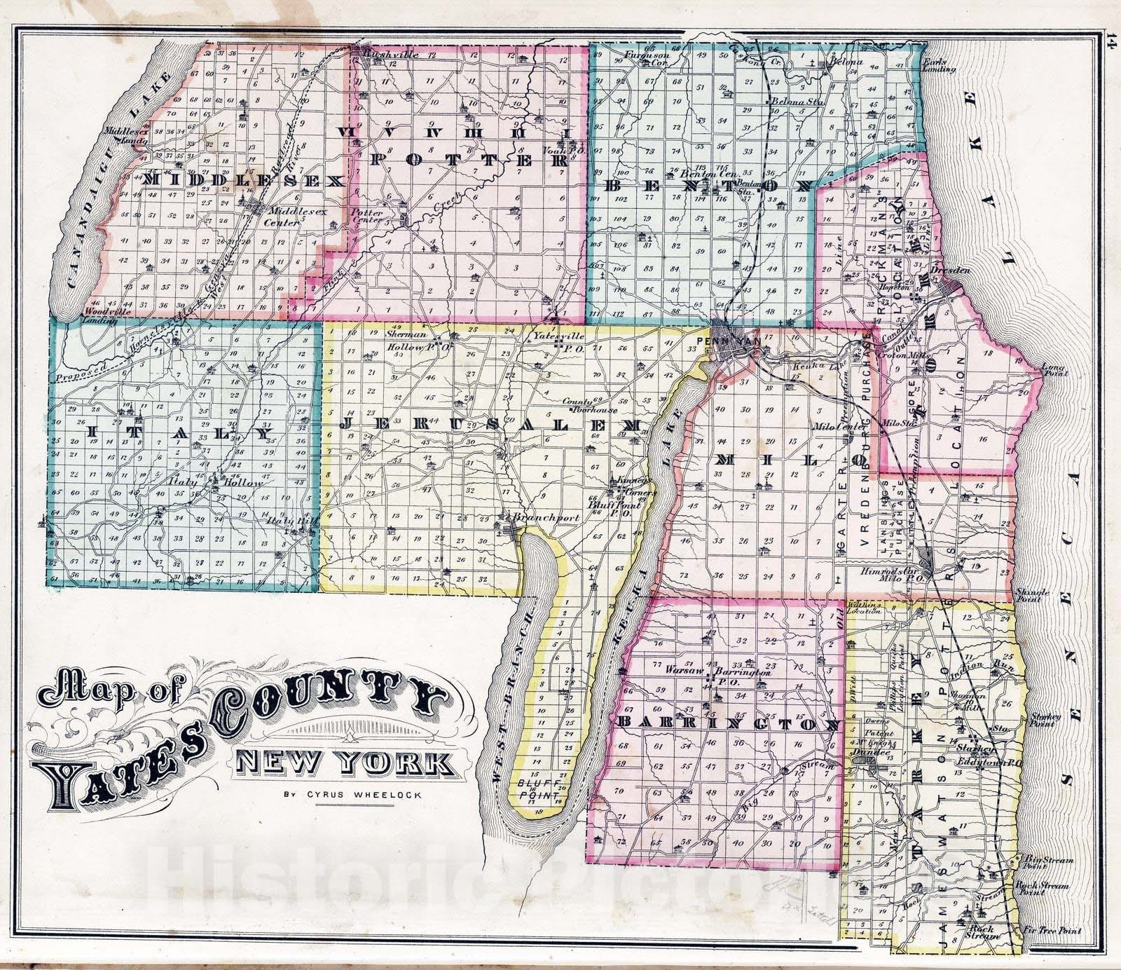 Historic Map : 1876 Yates County, New York. - Vintage Wall Art ...