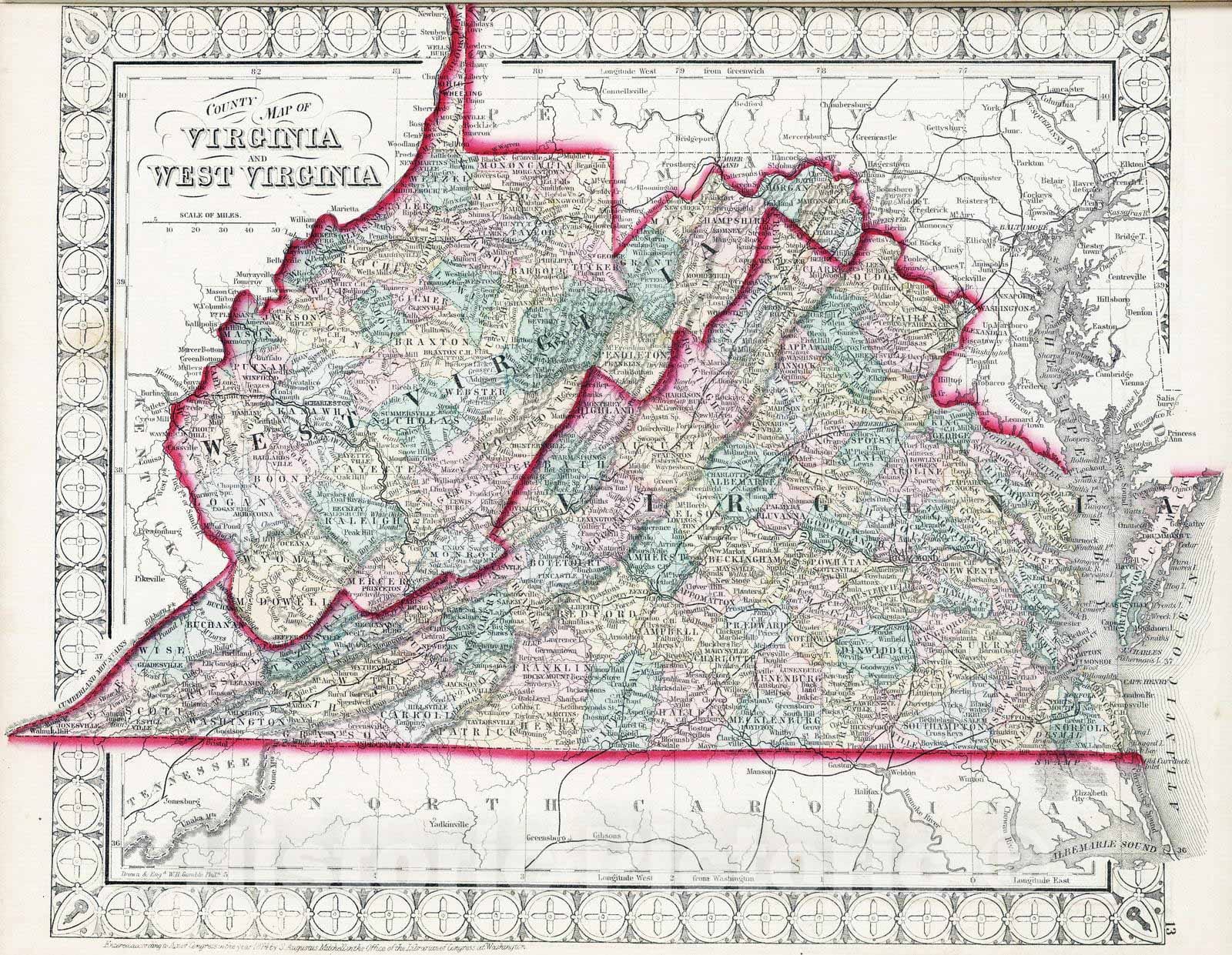 Historic Map : National Atlas - 1874 County Map of Virginia and West V ...