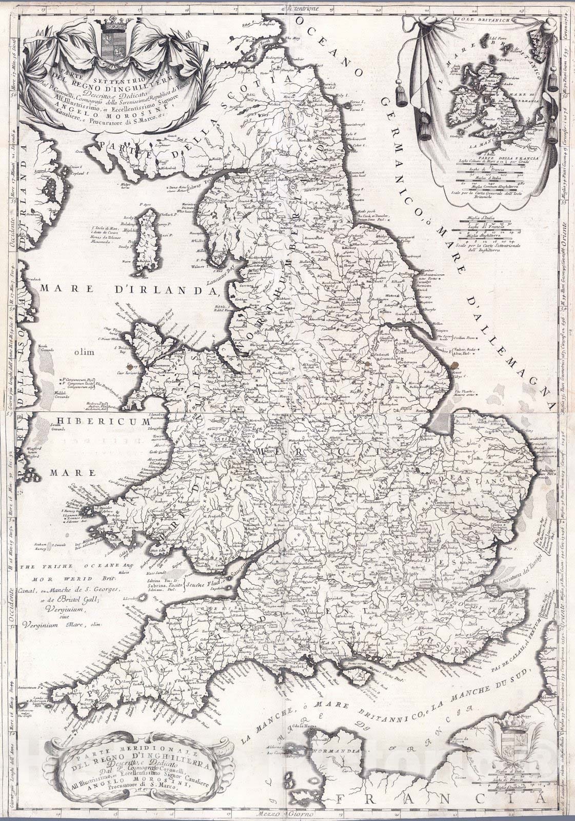 Historic Wall Map : England, 1697 Composite: Parte meridionale del Reg ...
