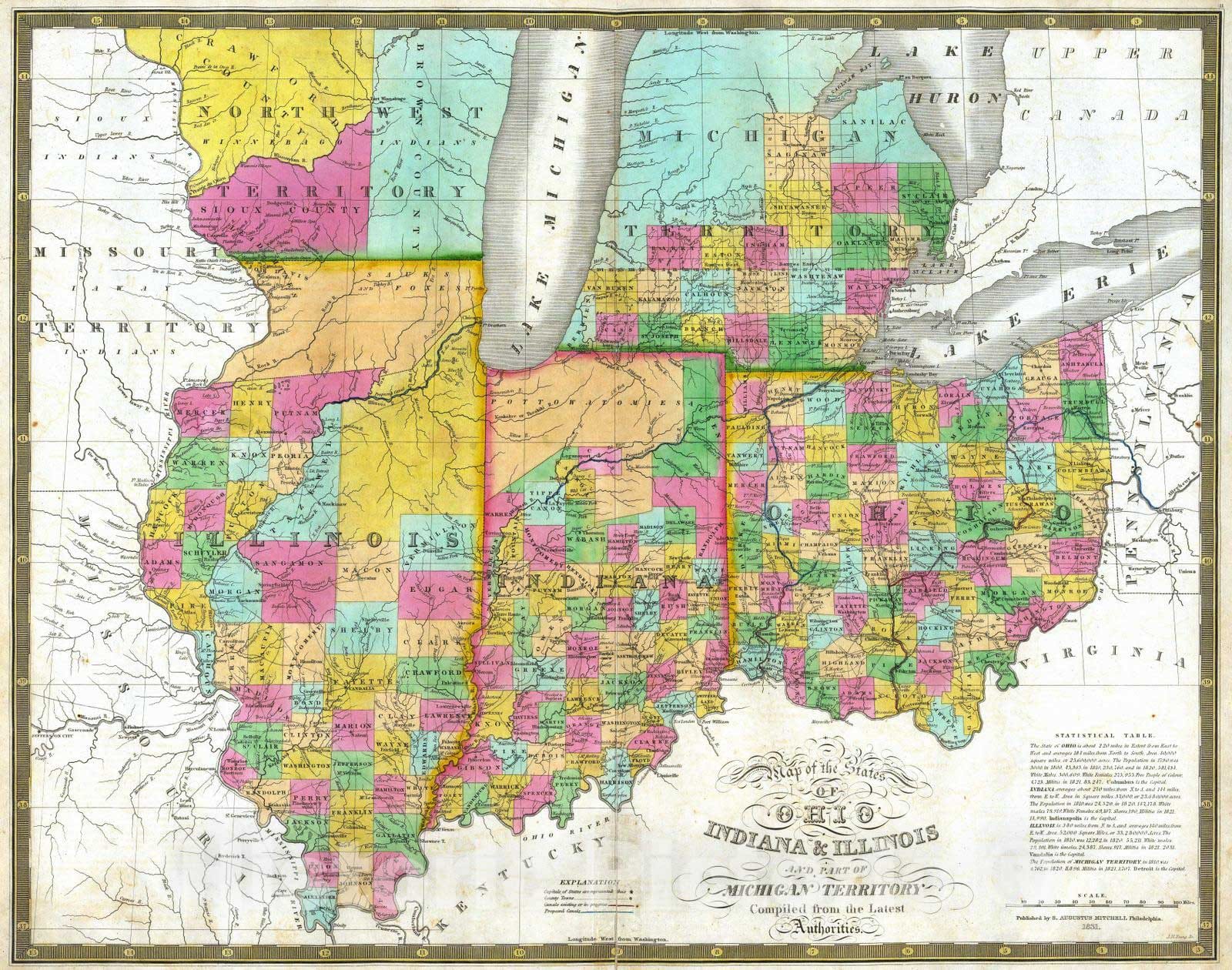 Historic Wall Map : National Atlas - 1831 Ohio, Indiana & Illinois And ...