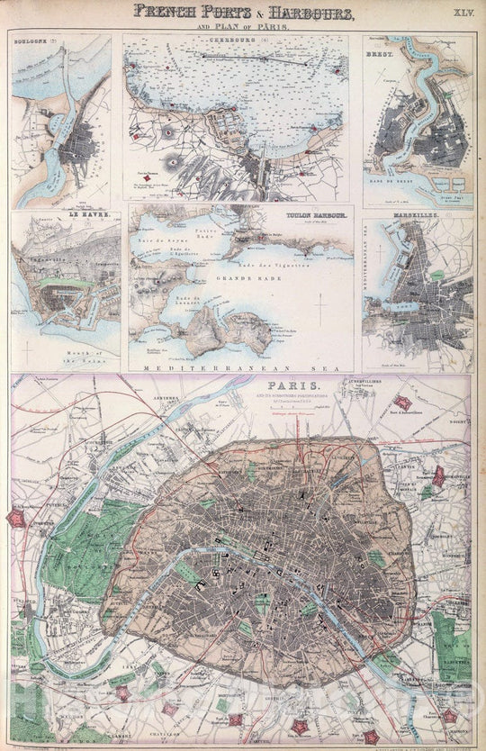 Historic Map : 1872 French Ports & Harbours, and Plan of Paris. - Vint ...