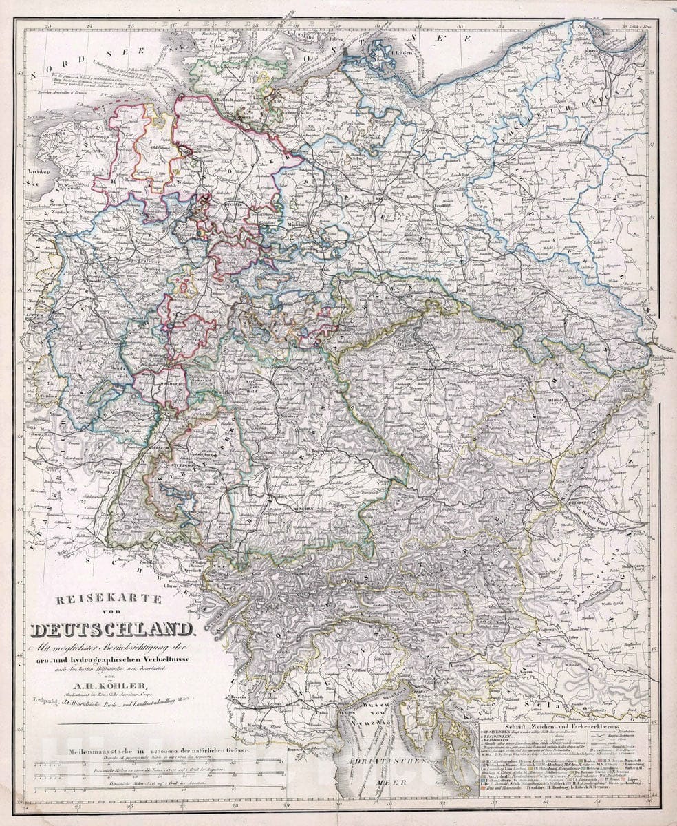 Historic Wall Map : Germany, 1854 Reisekarte von Deutschland , Vintage ...