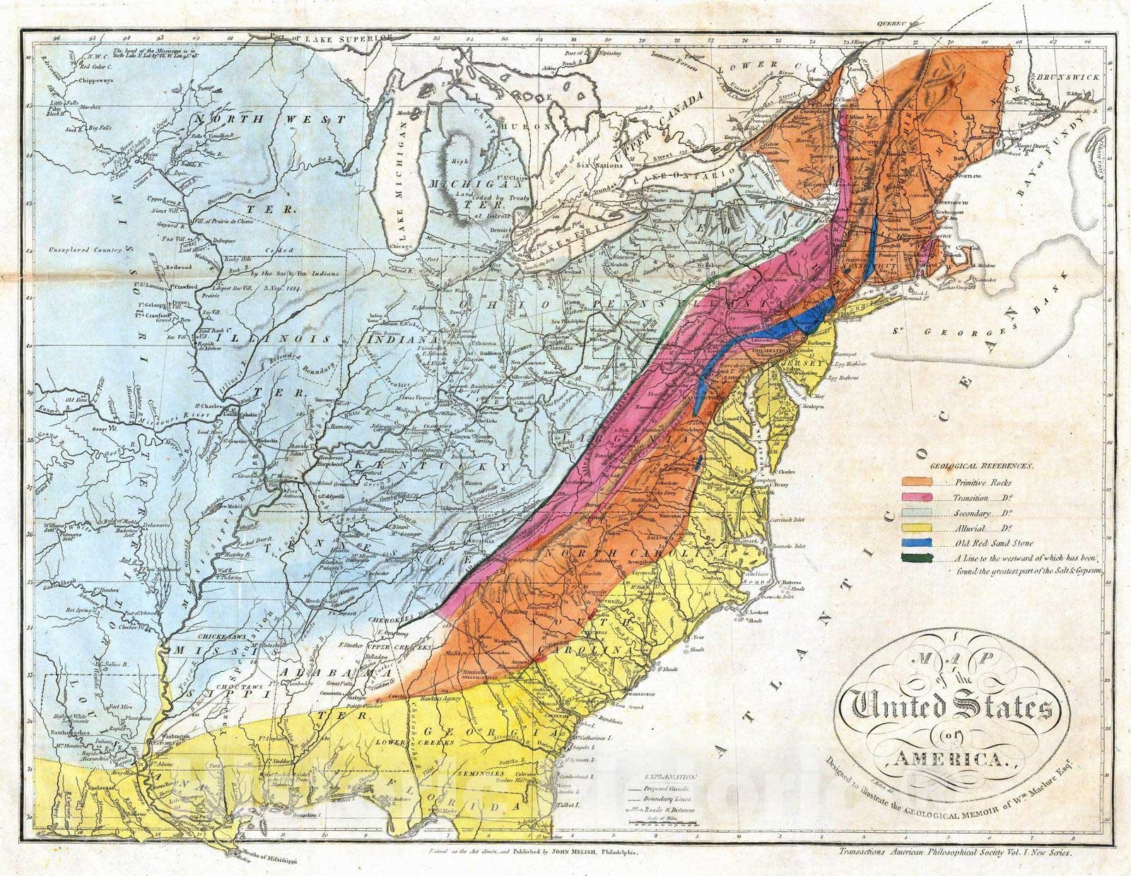 Historic Map : Geology Book - 1818 Map of the United States of America ...