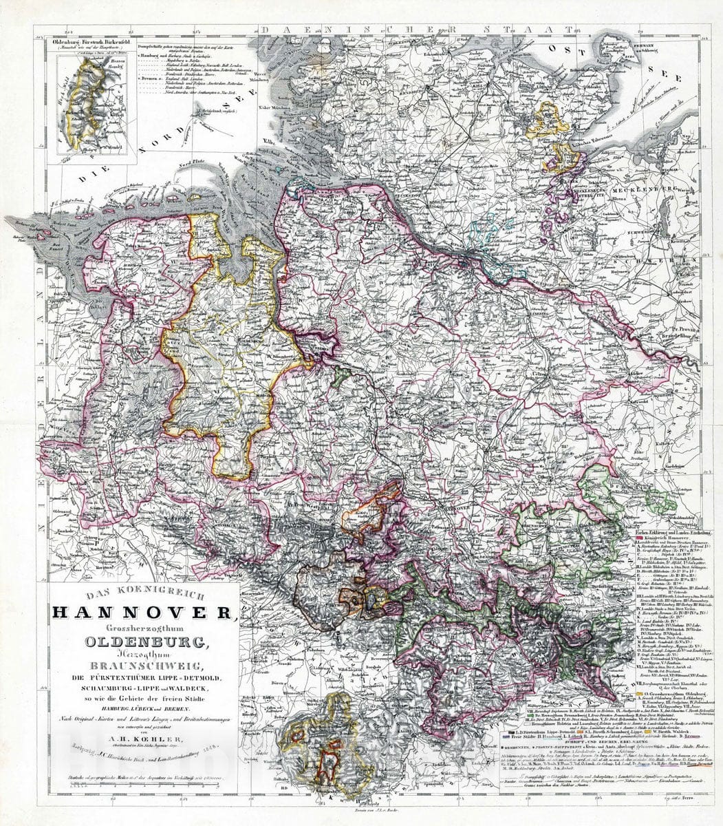 Historic Map : Germany, 1848 Das Koenigreich Hanover , Vintage Wall Ar ...