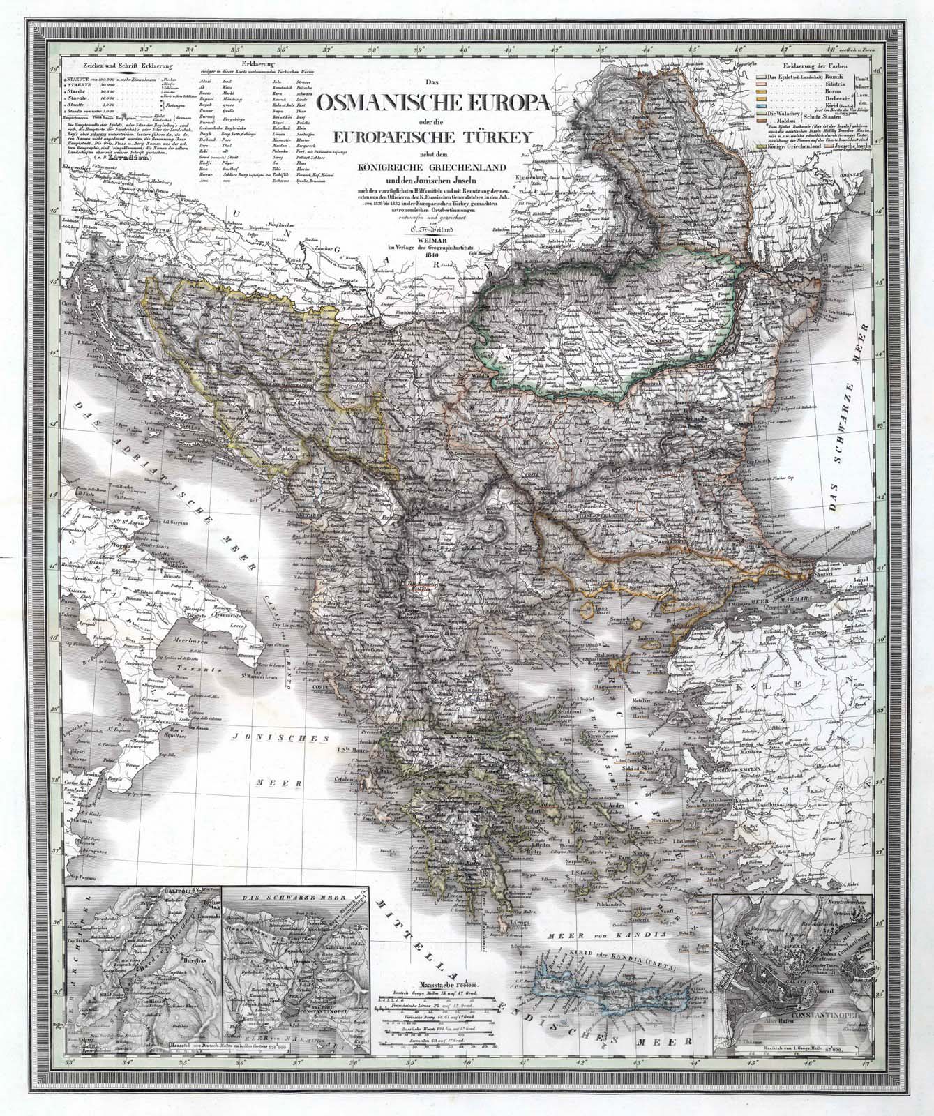 Historic Wall Map : 1840 Ottoman Empire or Turkey, in Europe. Kingdoms ...