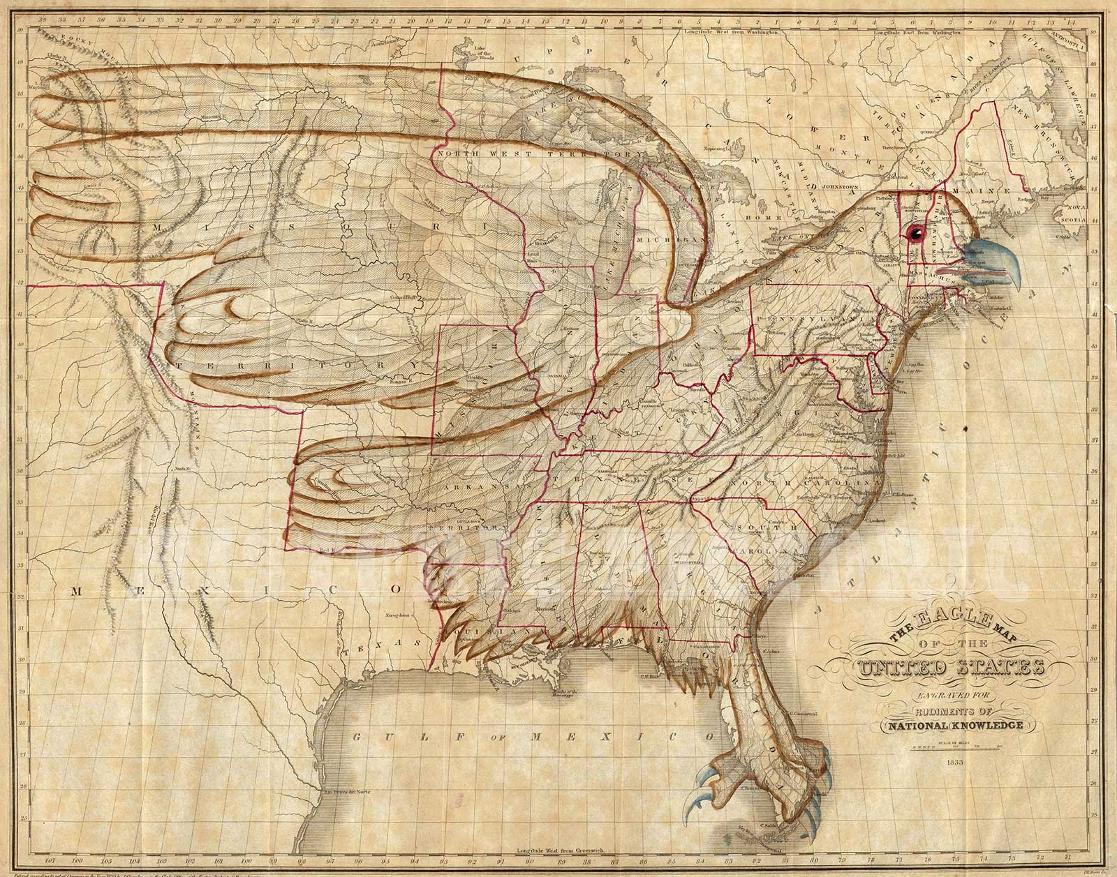 Historic Map : 1833 Eagle Map of the United States, Joseph Churchman ...