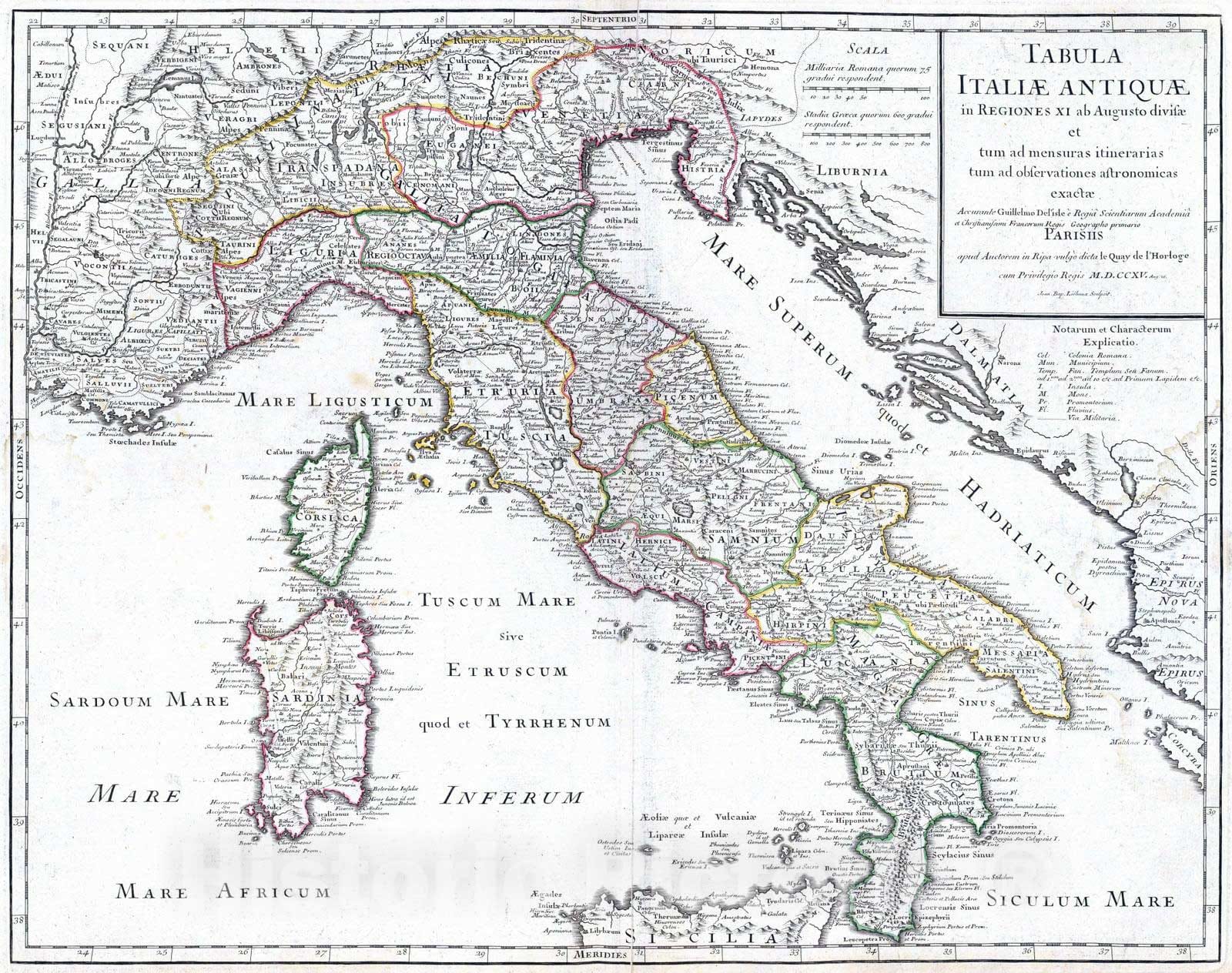 Historic Wall Map : Italy, 1715 Tabula Italiae Antiquae in regiones XI ...