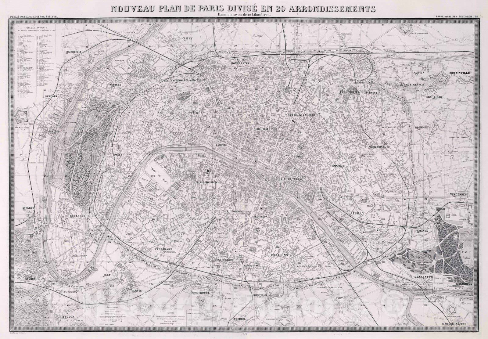 Historic Wall Map : Paris , France, 1876 Nouveau Plan de Paris Divisee ...