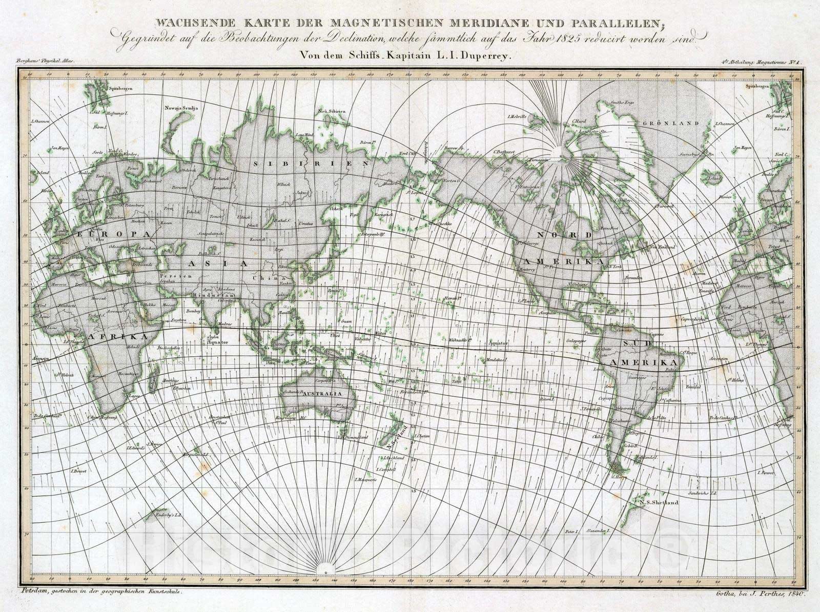 Historic Map : 1840 Wachsende Karte Der Magnetischen Meridiane Und Par ...