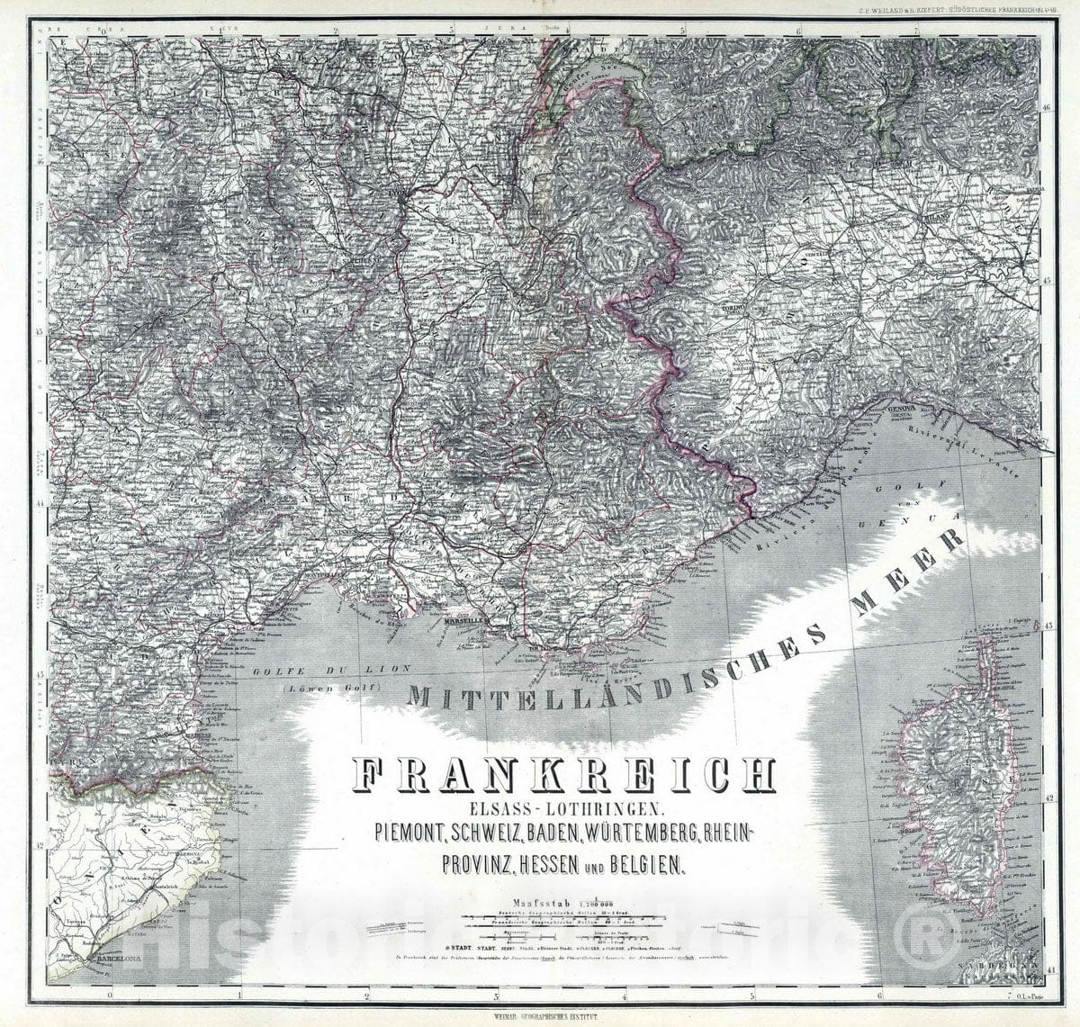Historic Wall Map : 1879 Southeast France. - Vintage Wall Art ...