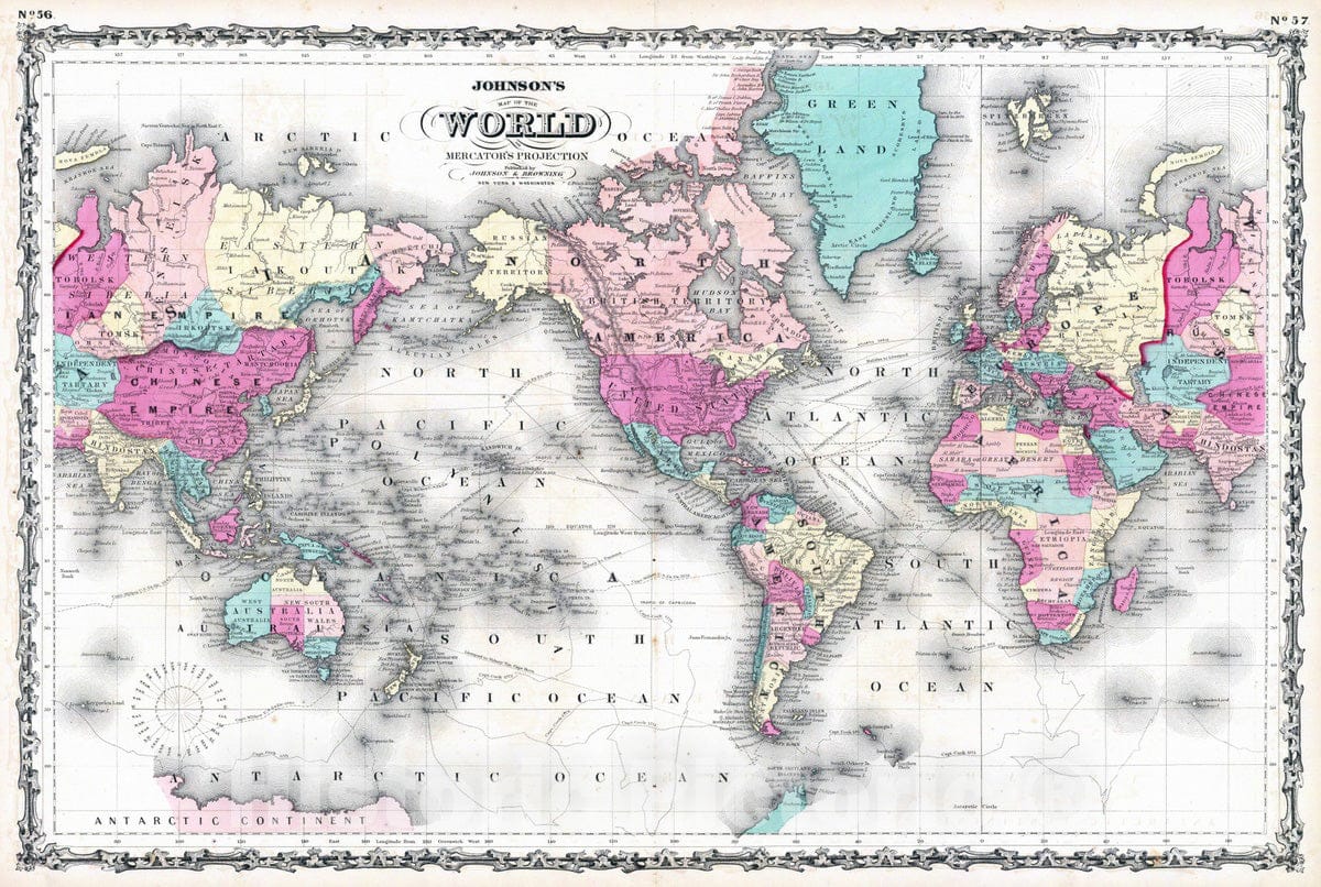 Historic Map : 1860 Map Of The World on Mercator's Projection. - Vinta ...