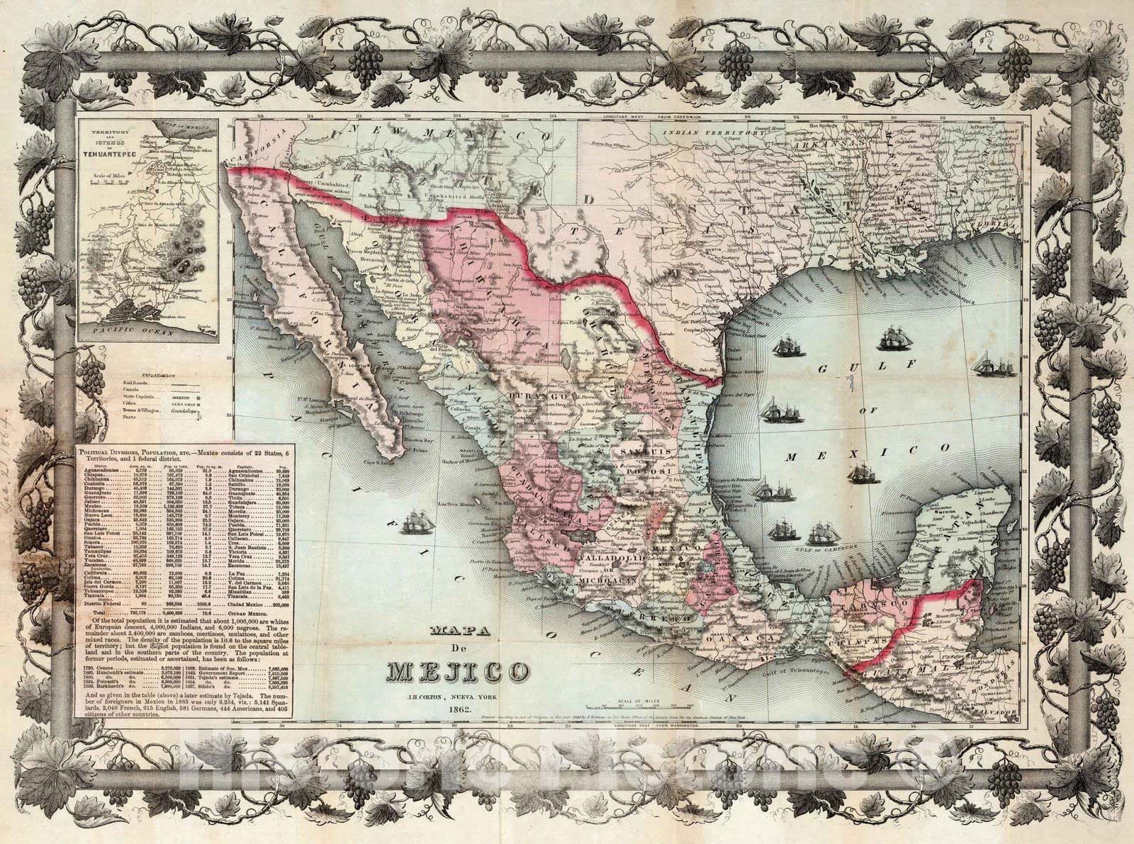 Historic Map : Mexico, Mapa de Mejico J. H. Colton, Nueva York 1862 ...