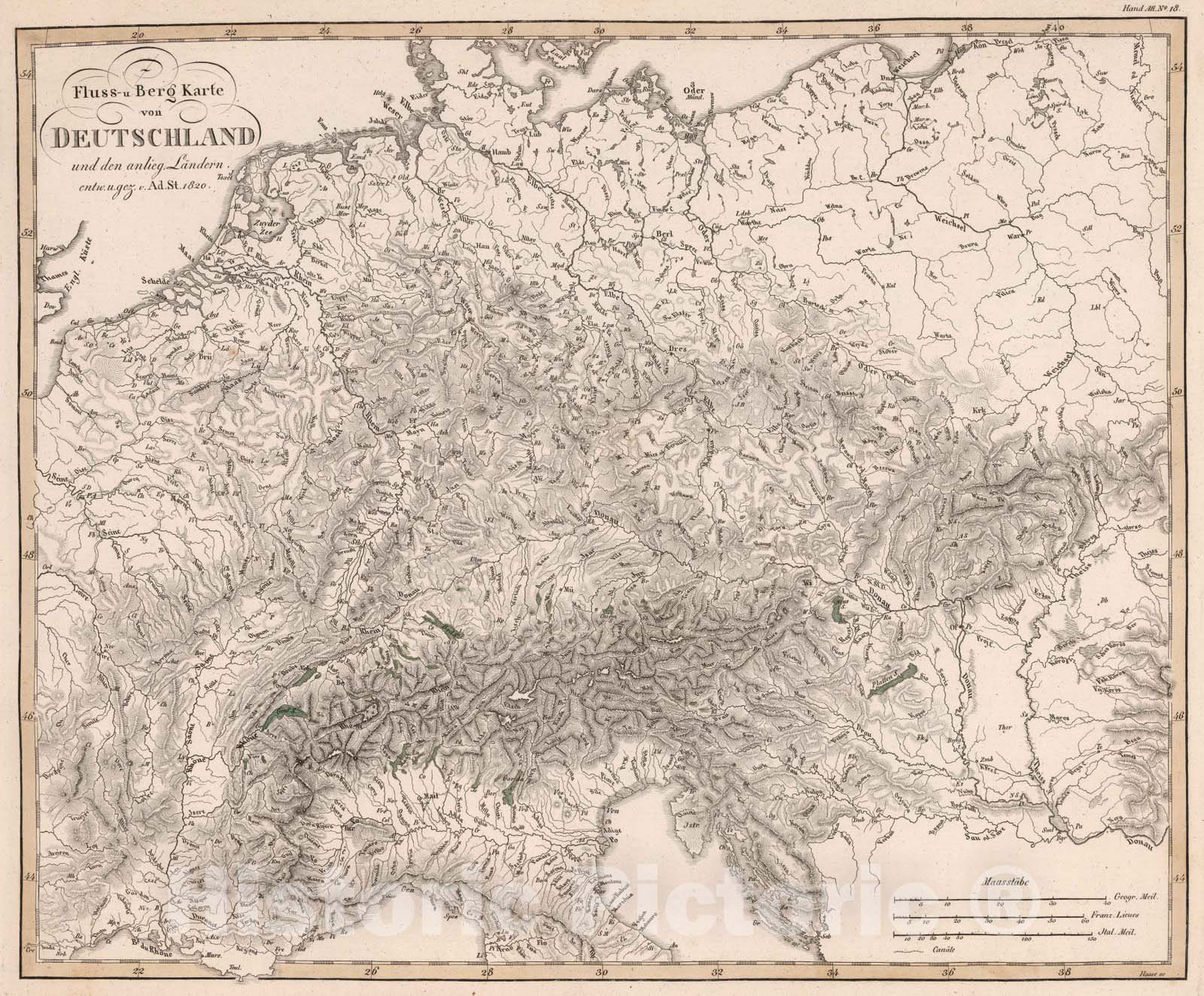 Historic Map : Germany, 1820 Fluss- und Berg-Karte von Deutschland und ...