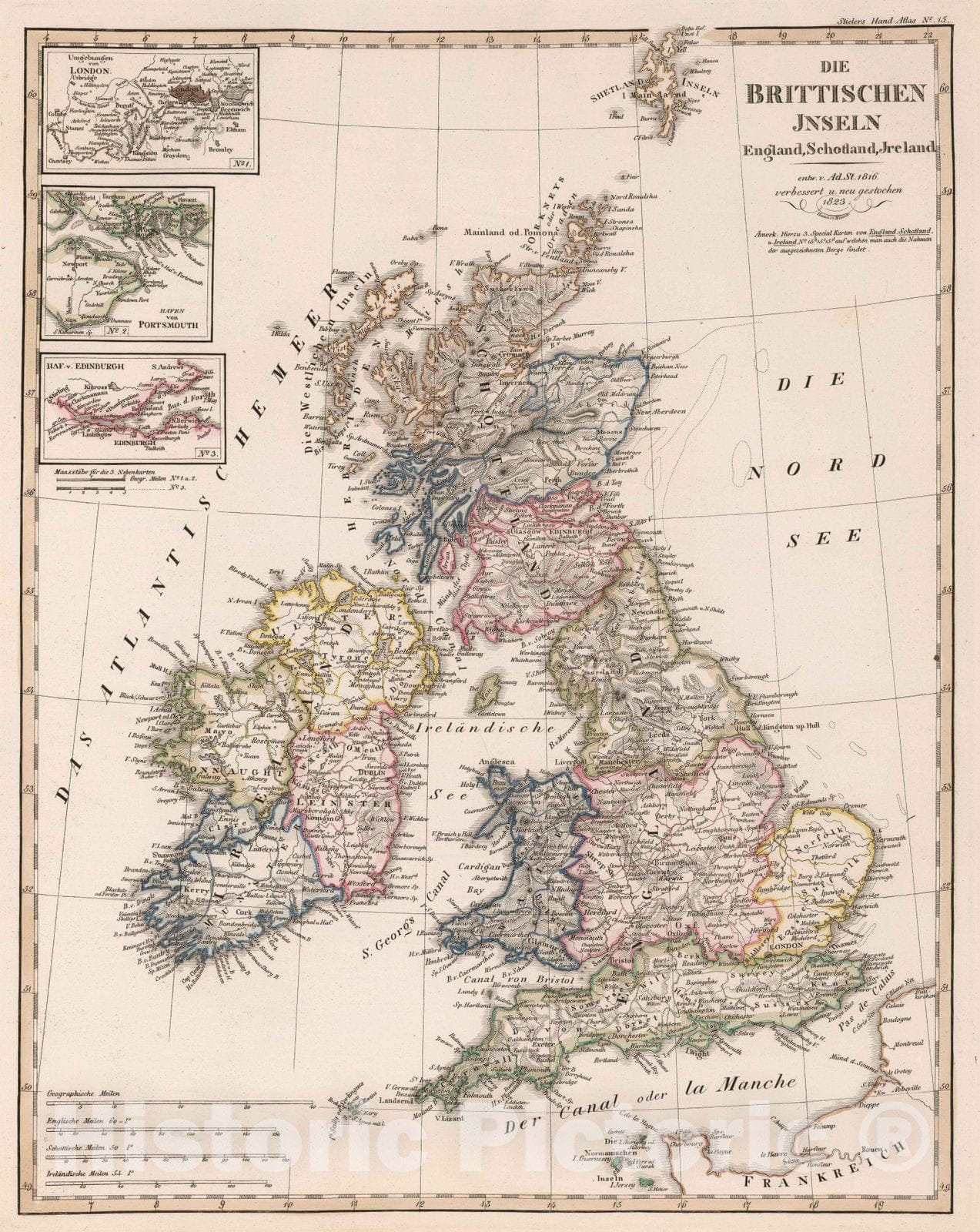 Historic Map : England; Scotland; Ireland, British Isles 1823 Die Brit ...