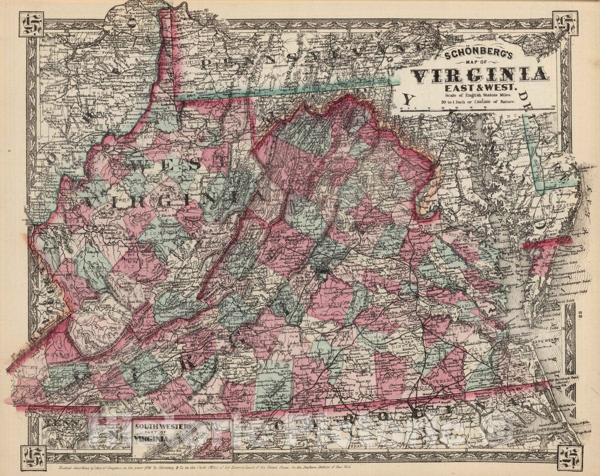Historic Map : National Atlas - 1867 Schonberg's Map of Virginia and W ...