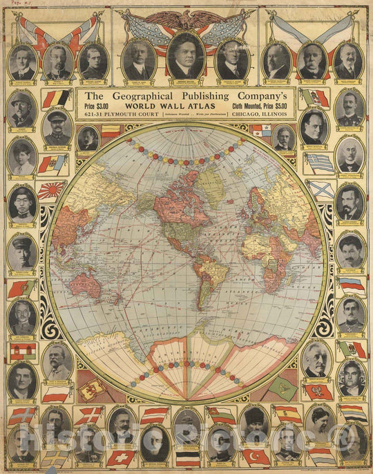 Historic Map : Wall Map - 1921 Entire World in One Hemisphere. Portrai ...