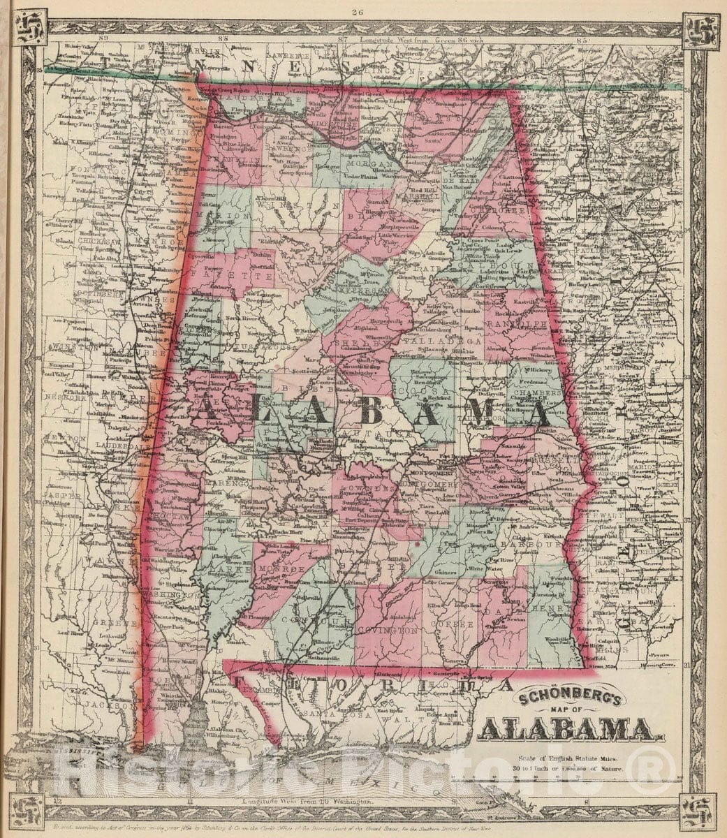 Historic Wall Map : National Atlas - 1867 Schonberg's Map of Alabama ...