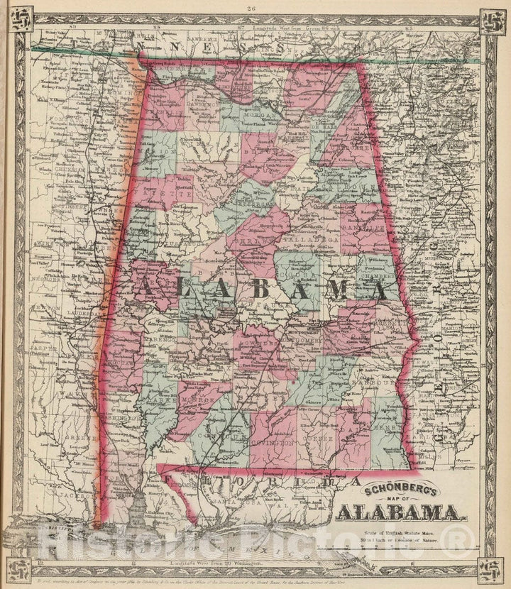 Historic Wall Map : National Atlas - 1867 Schonberg's Map of Alabama ...