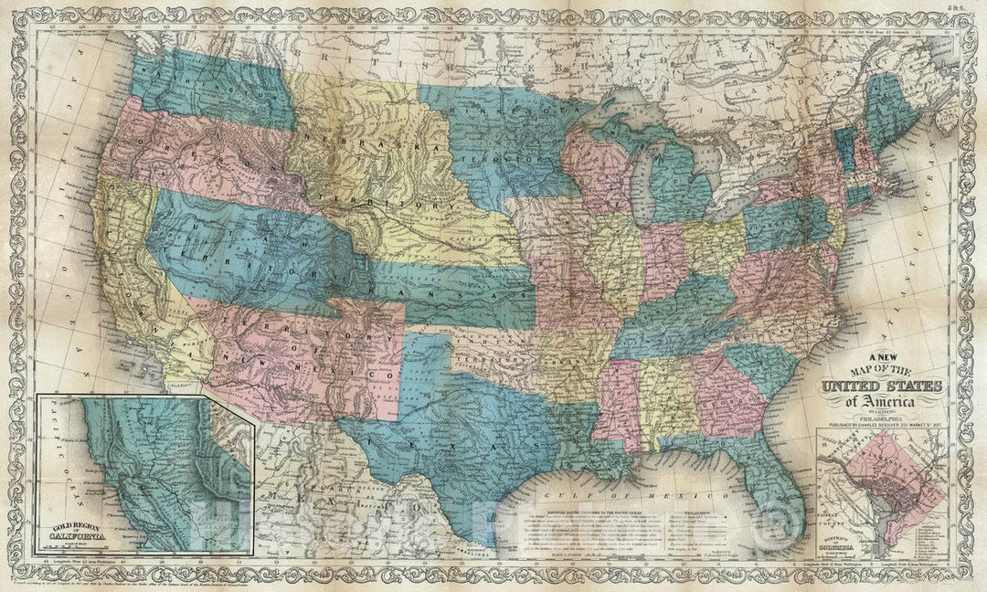 Historic Map : 1857 Map Of The United States of America - Vintage Wall ...