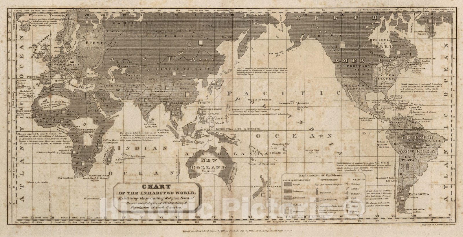 Historic Map : School Atlas - 1824 Chart Of The Inhabited World - Vint ...