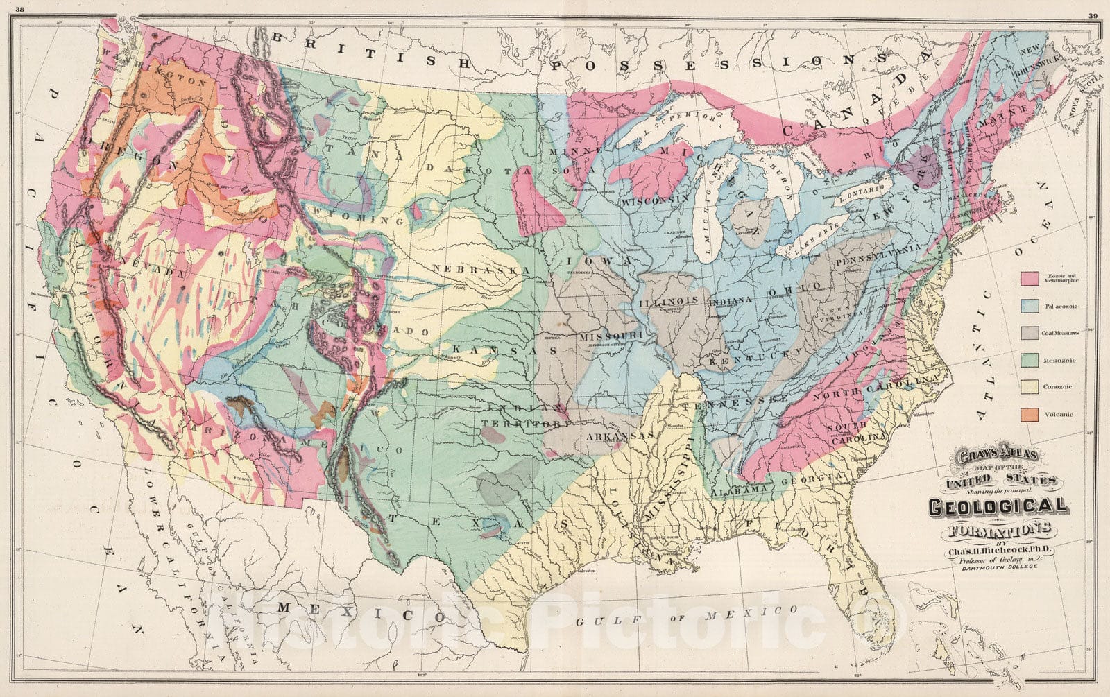 Historic Map : 1874 Geological Formations of the United States. - Vint ...