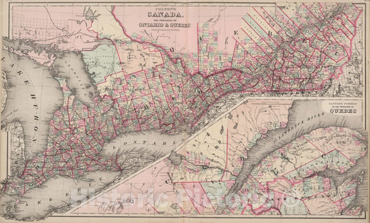 Historic Map : 1886 Canada. Provinces of Ontario and Quebec. - Vintage ...