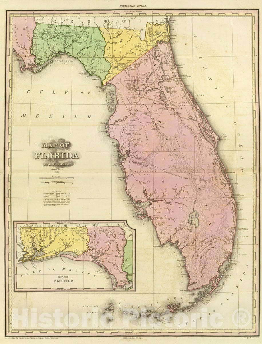 Historic Map - World Atlas - 1825 Map of Florida. - Vintage Wall Art ...