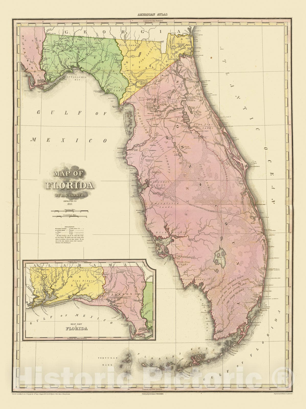 Historic Map - World Atlas - 1825 Map of Florida. - Vintage Wall Art ...