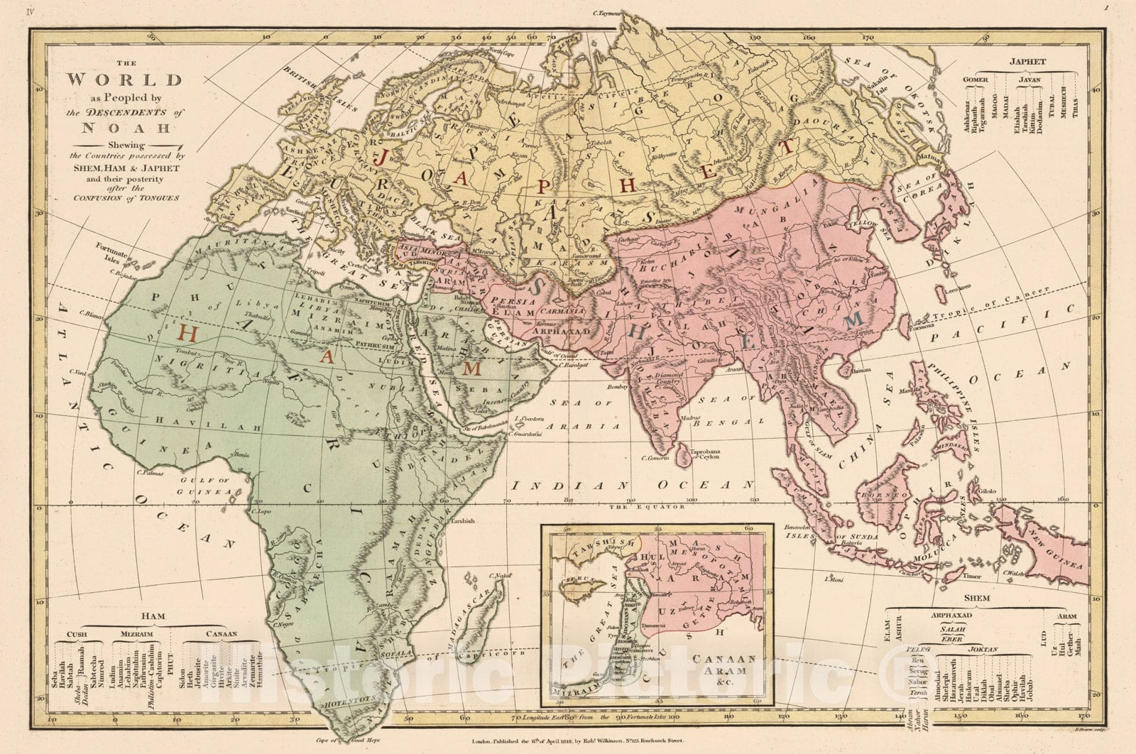Historic Map : 1818 World as Peopled by the Descendants of Noah. - Vin ...