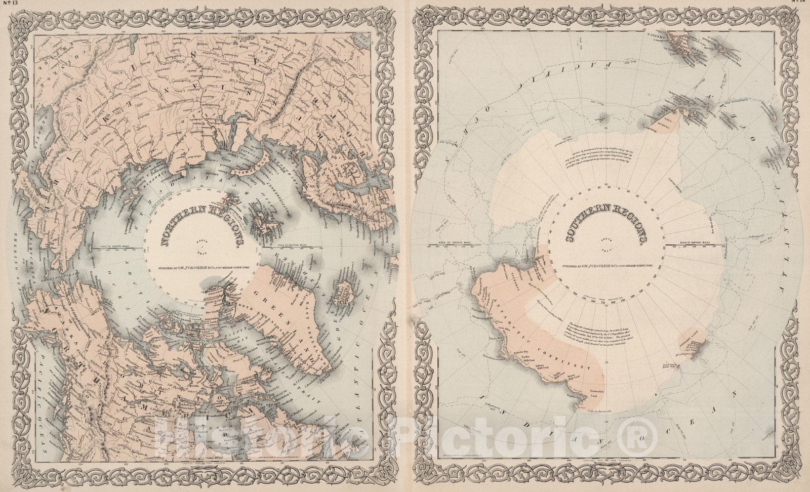 Historic Map : 1886 Northern Regions, North Pole. Southern Regions, So ...